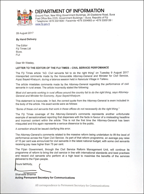 Acting PS for Communications writes to Fiji Times on Aiyaz Sayed ...